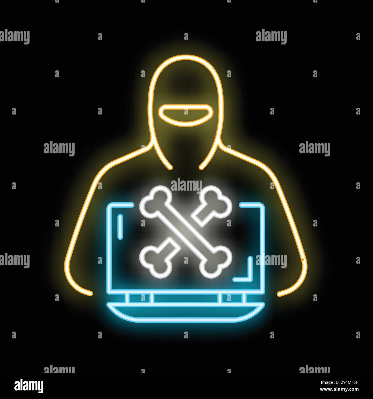 Neon sign of a hacker using a laptop with a skull and crossbones symbol ...