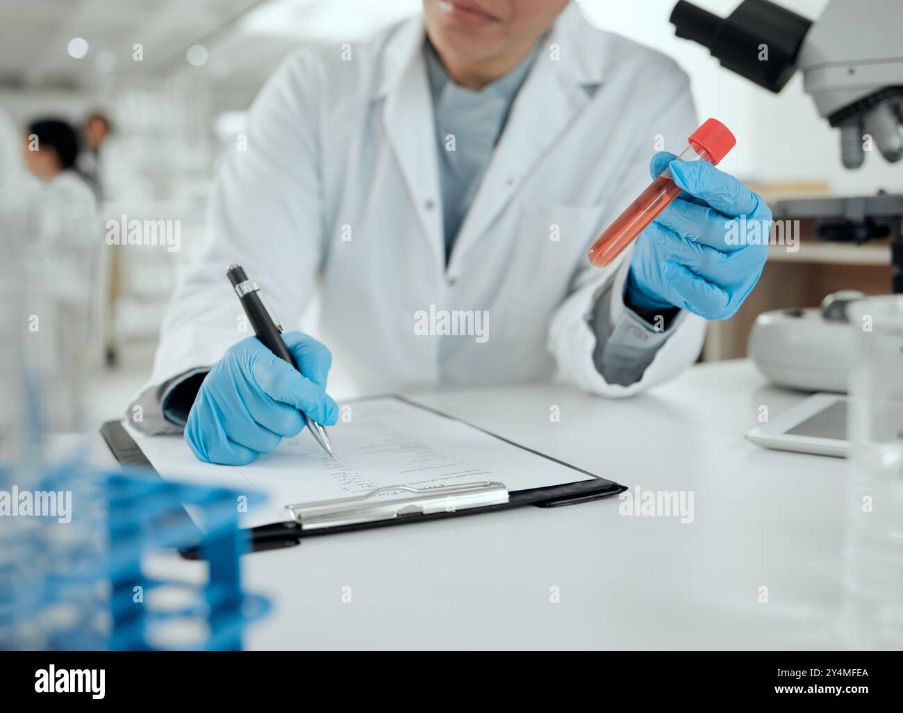 Laboratory, woman and test tube with clipboard for notes, medicine ...