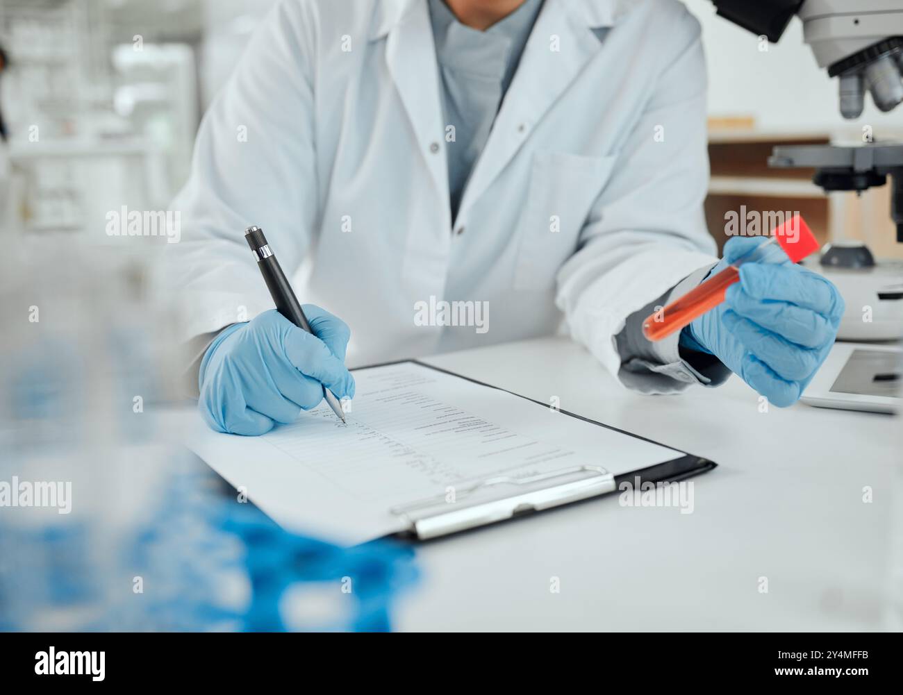 Laboratory, person and test tube with clipboard for notes, medicine ...
