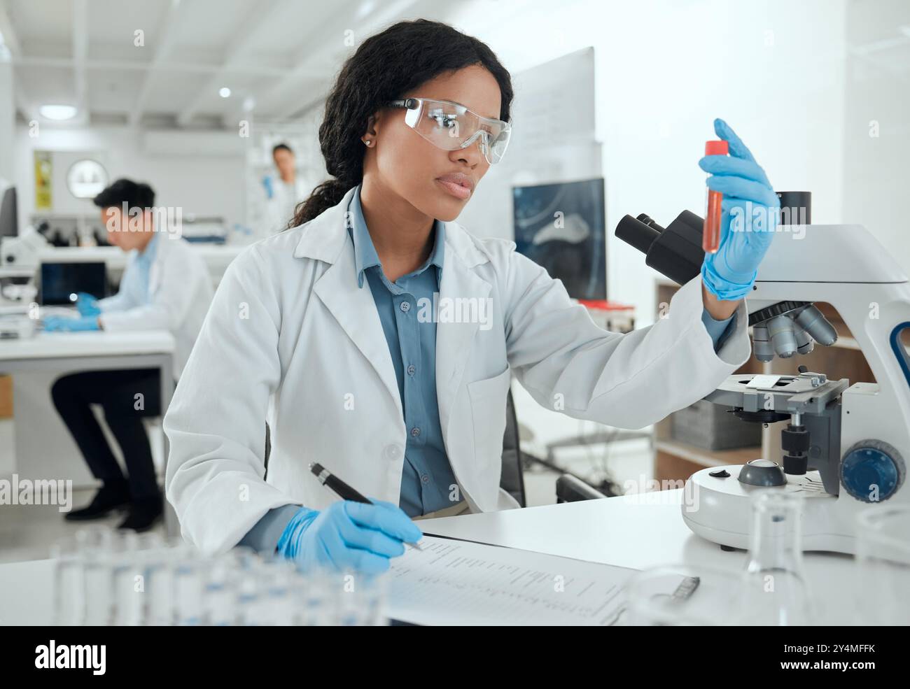 Writing, blood test or woman in laboratory for science breakthrough ...