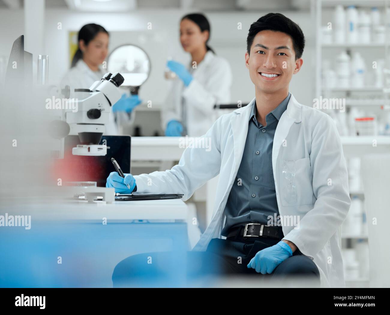 Laboratory, man and portrait with clipboard for notes, writing ...