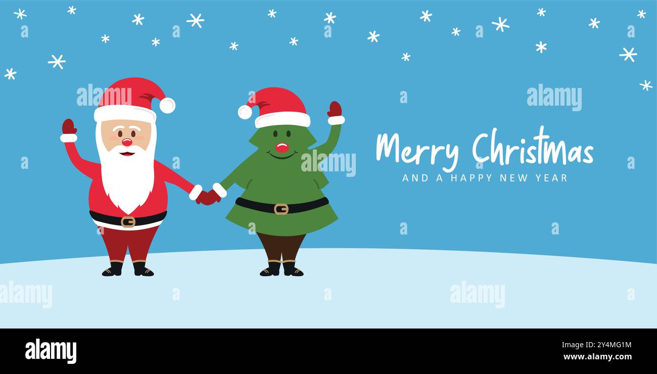 cute christmas greeting card with santa and fir tree characters vector ...