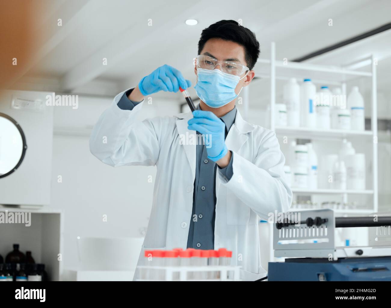 Scientist, blood test or man in laboratory for science breakthrough ...