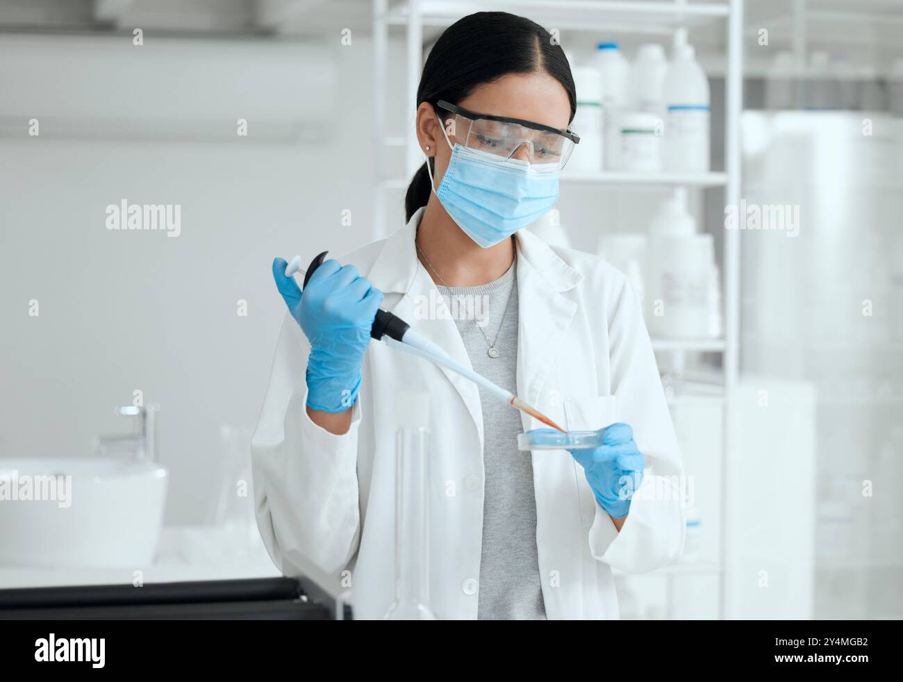 Scientist, woman and petri dish for blood sample in lab with dna ...