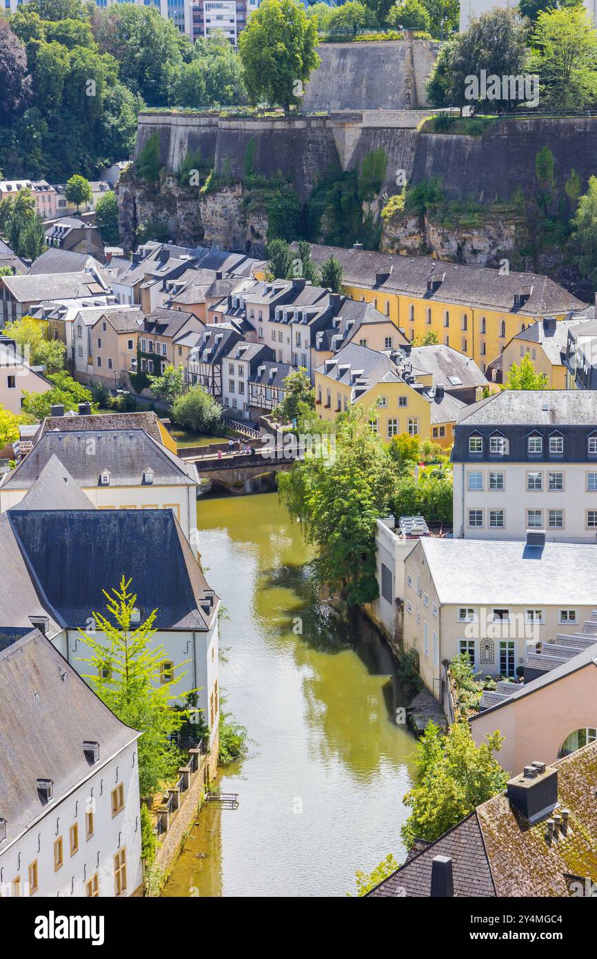 Aerial view over Alzette river and Grund neighbourhood in Luxembourg ...