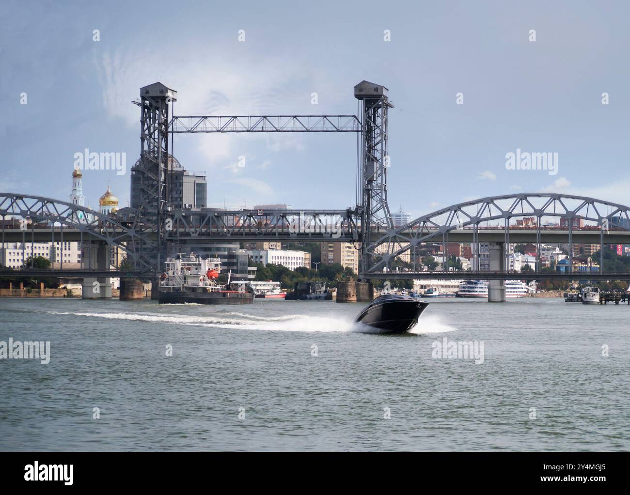 The ship floats under a drawbridge from the south in Rostov-on-Don ...