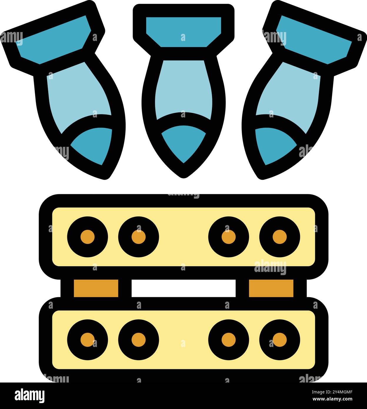 Cartoon style icon of three bombs falling from the sky near wooden ...