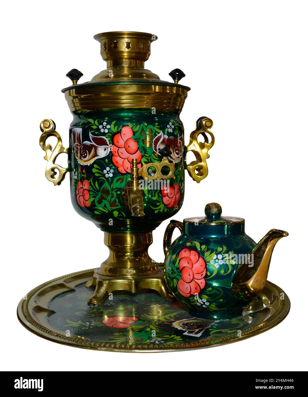 Painted samovar with a teapot-is isolated on the white Stock Photo - Alamy