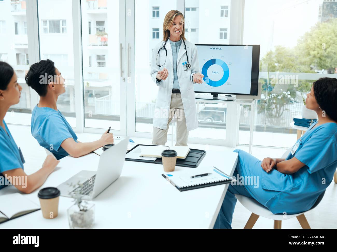 Display, doctor and presentation with medical woman in hospital ...