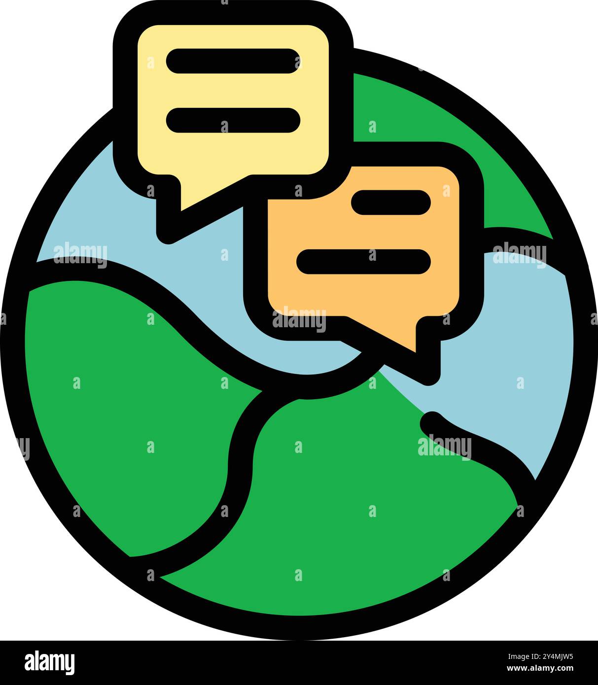 Simple colorful icon of a green and blue planet earth with two speech bubbles exchanging ...