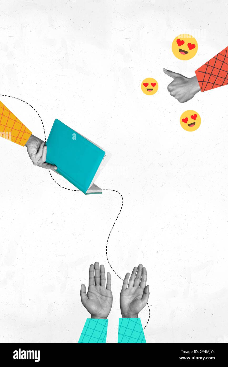 Vertical photo collage of hands hold book novel give palms like ...