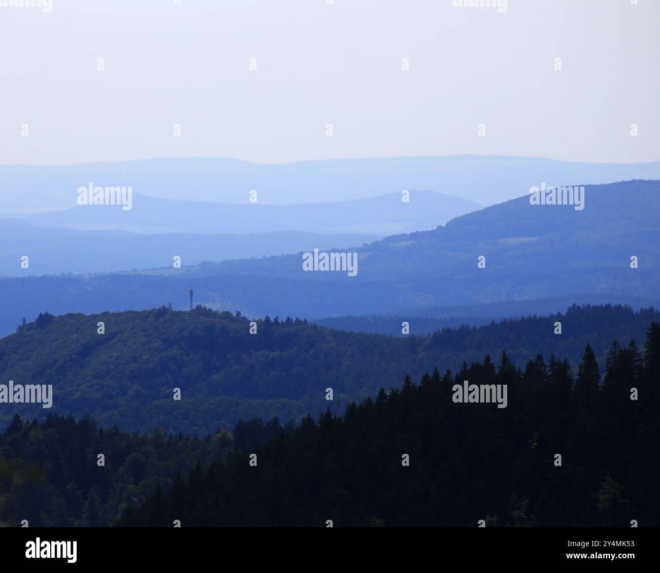 Dense forest landscape overlooking Thuringian forest with layers of ...