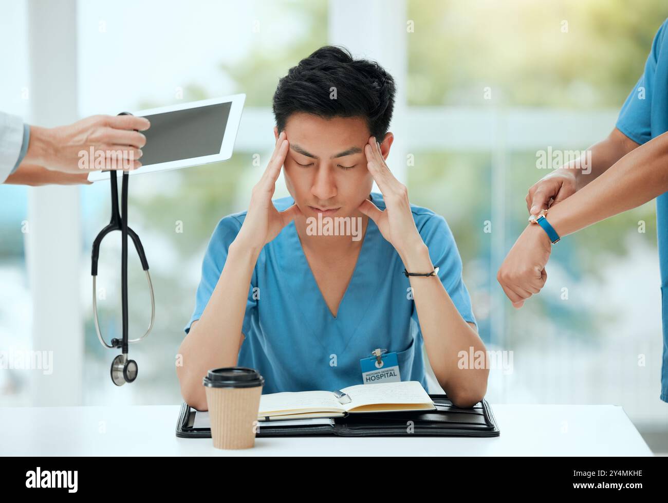 Doctor, hands and stress in office with healthcare deadline, time ...