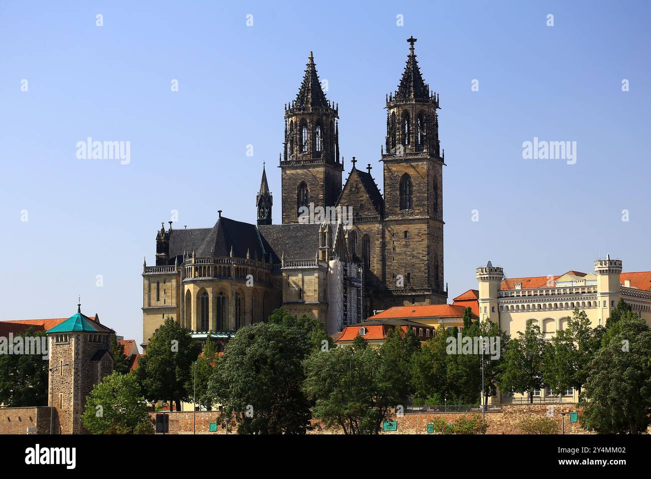 Gothic cathedral with twin spires under renovation in Magdeburg ...