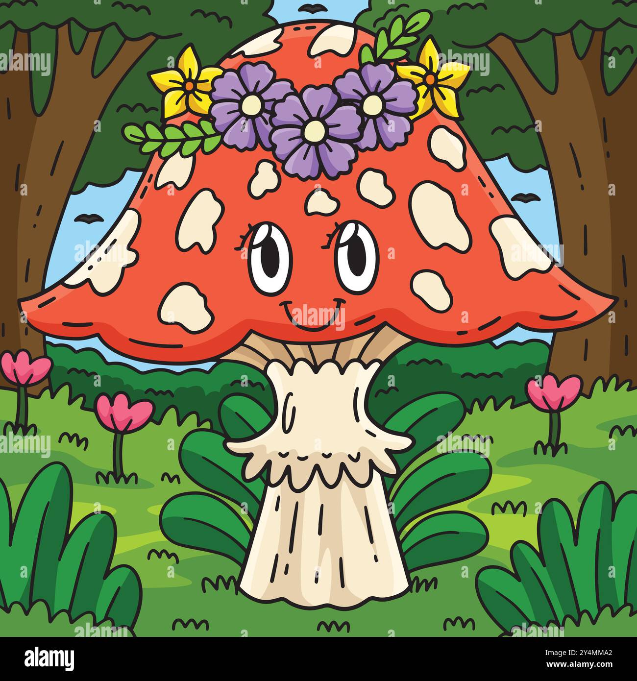Mushroom with Flower Crown Colored Cartoon Stock Vector Image & Art - Alamy