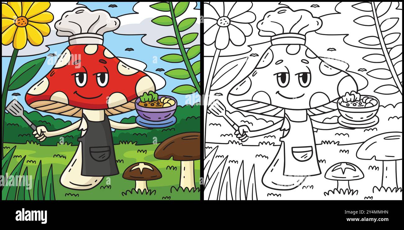 Mushroom Chef Coloring Page Colored Illustration Stock Vector Image ...