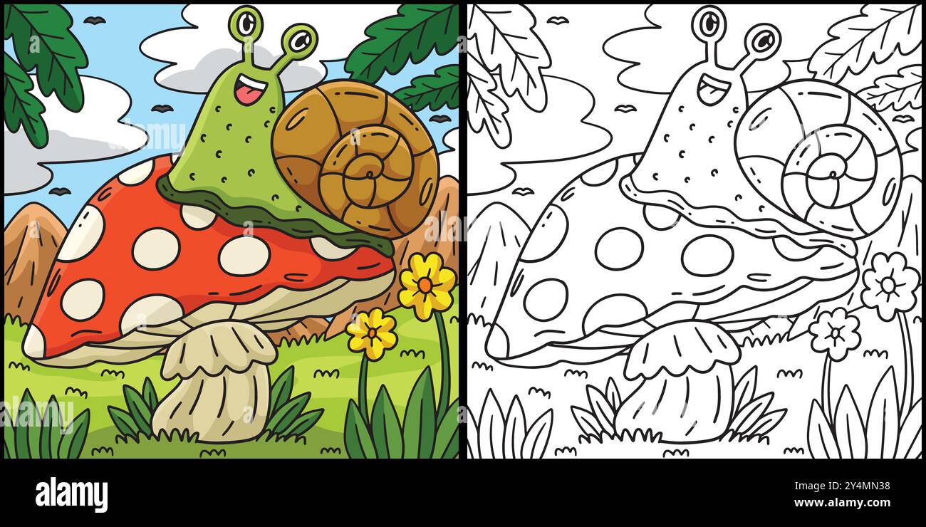 Mushroom and Snail Coloring Page Illustration Stock Vector Image & Art ...