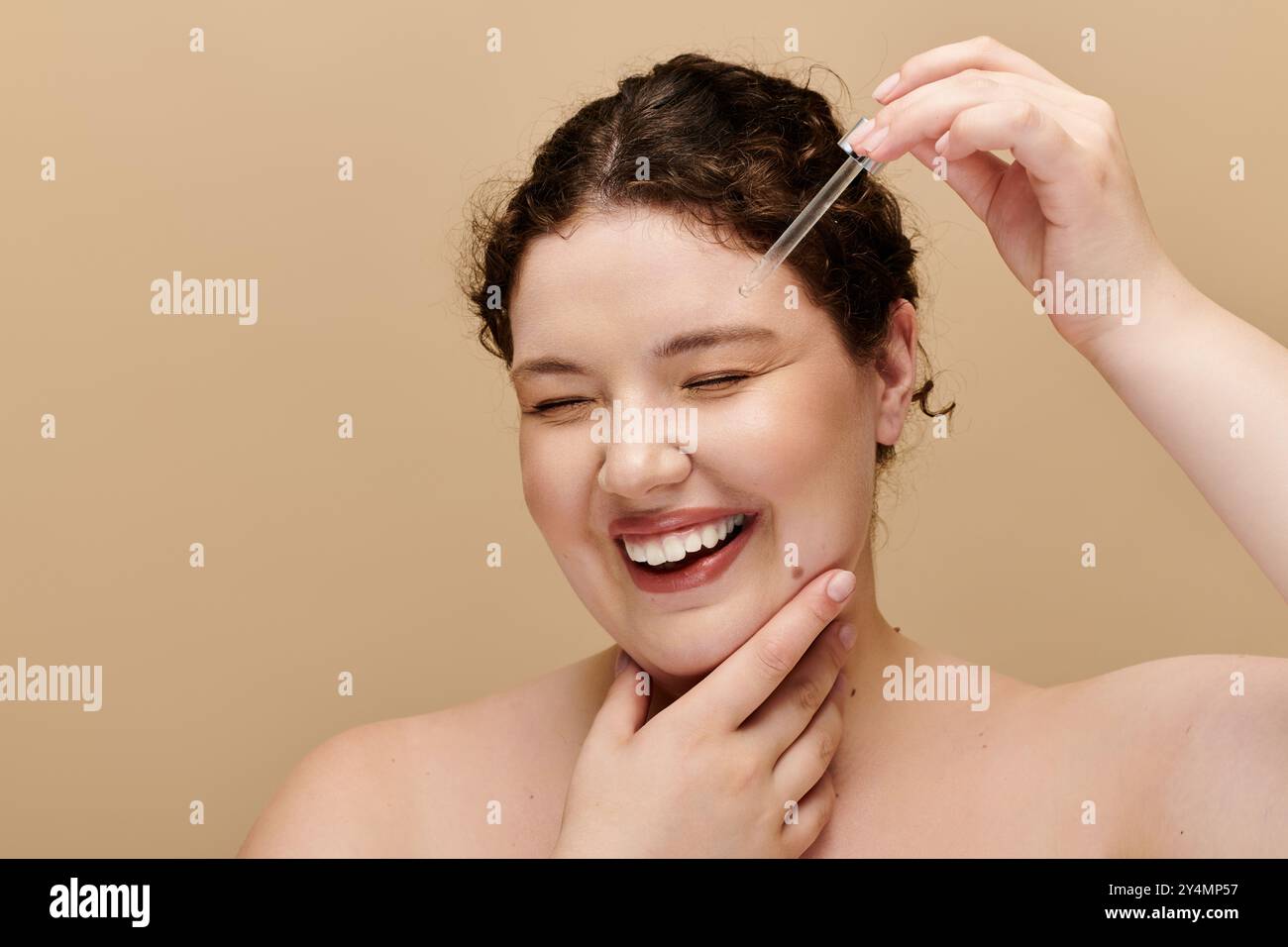 A radiant plus size woman smiles while applying skincare, celebrating ...