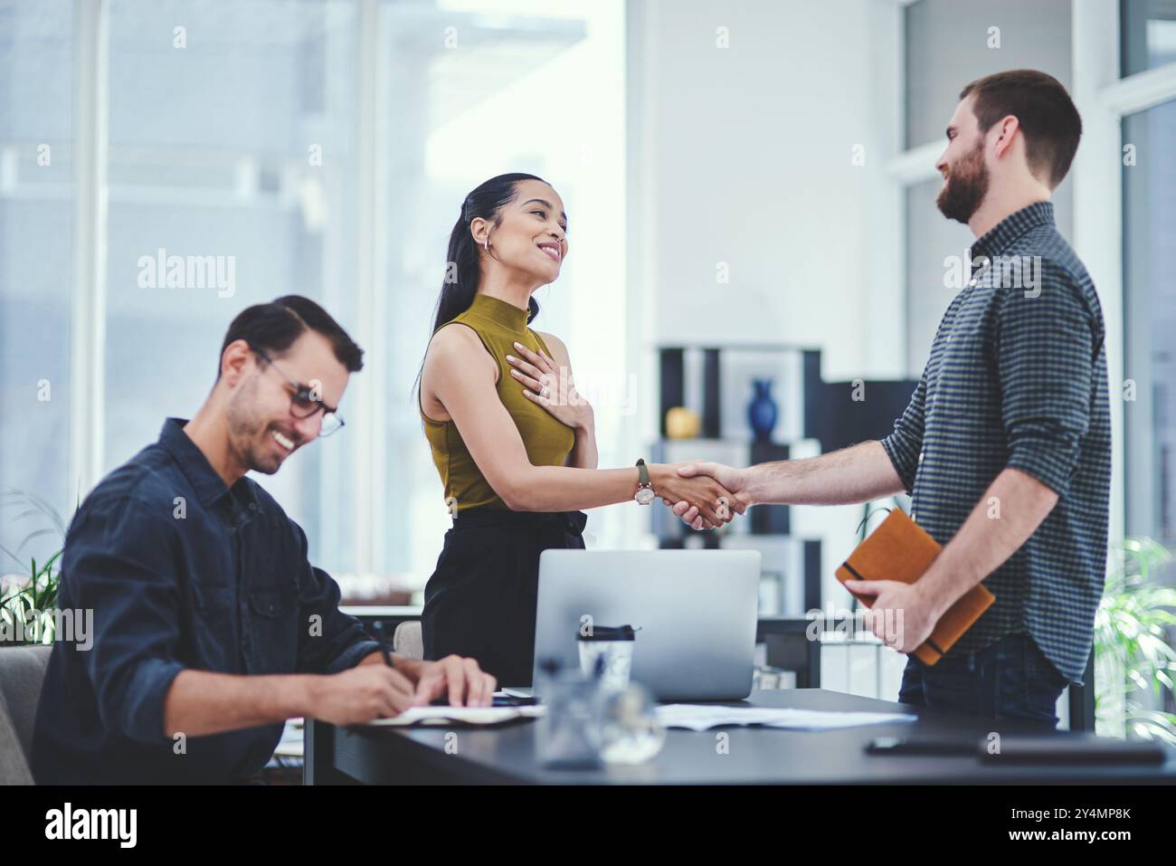 Handshake, thank you and smile in office, people and meeting for ...