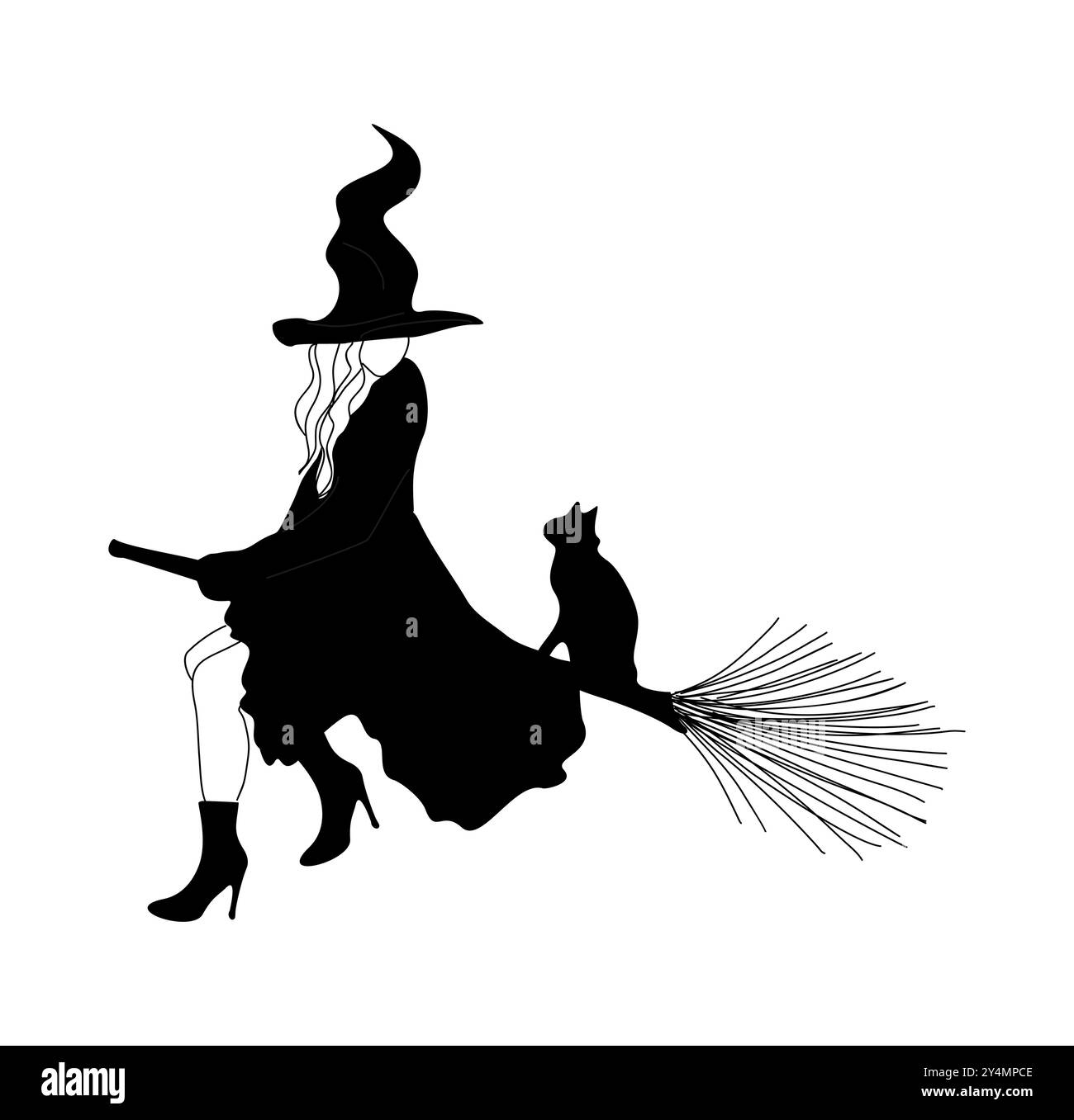 Cute witch flying on the broomstick silhouette Stock Vector Image & Art ...