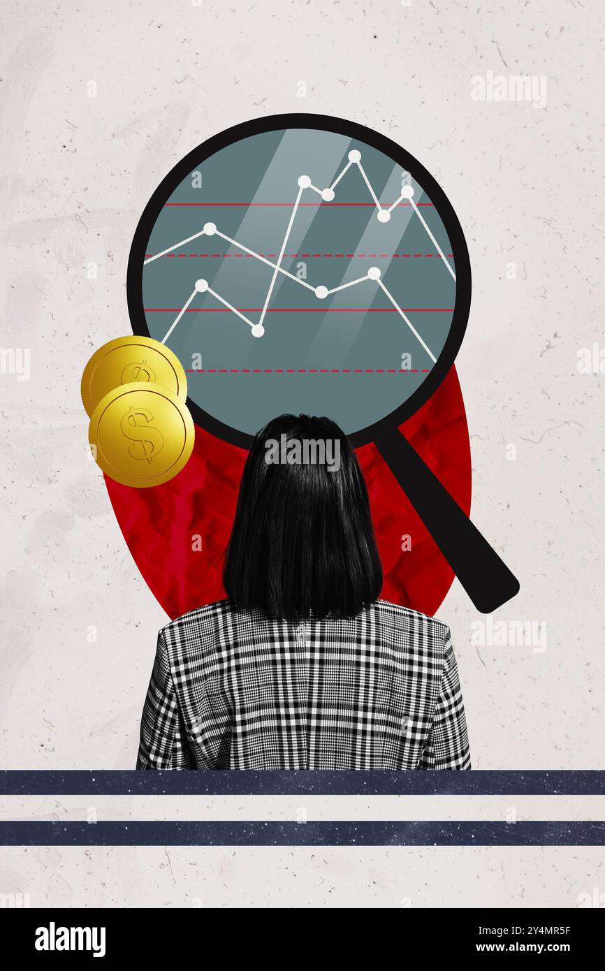 Vertical poster collage young businesswoman magnifying loop explore ...