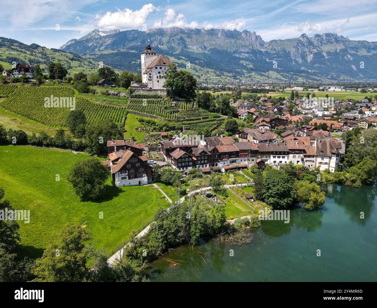 Werdenberg, Switzerland - 14 July 2024: drone view at the village of ...