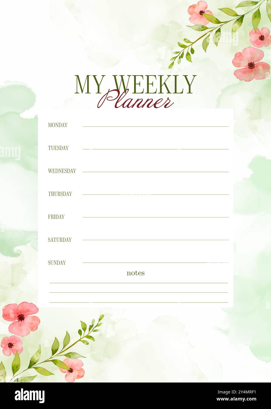 Decorative hand painted floral watercolour weekly planner Stock Vector ...