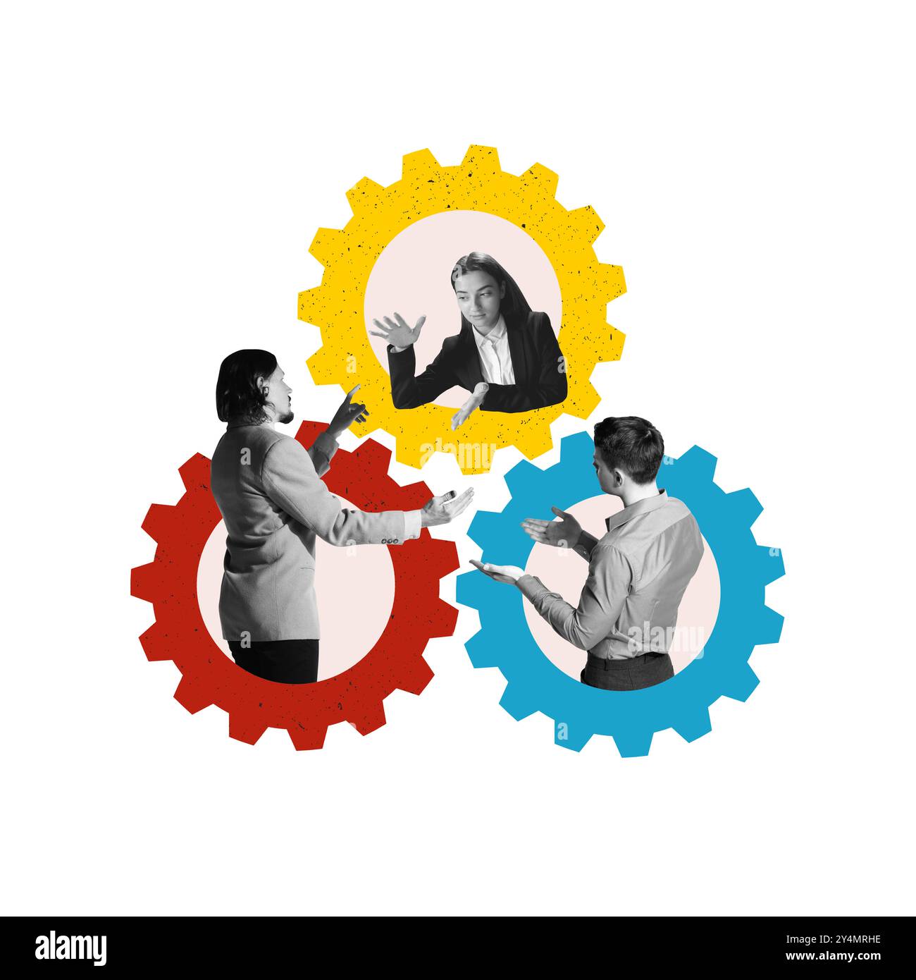 Three business people interacting inside colorful gears, symbolizing ...