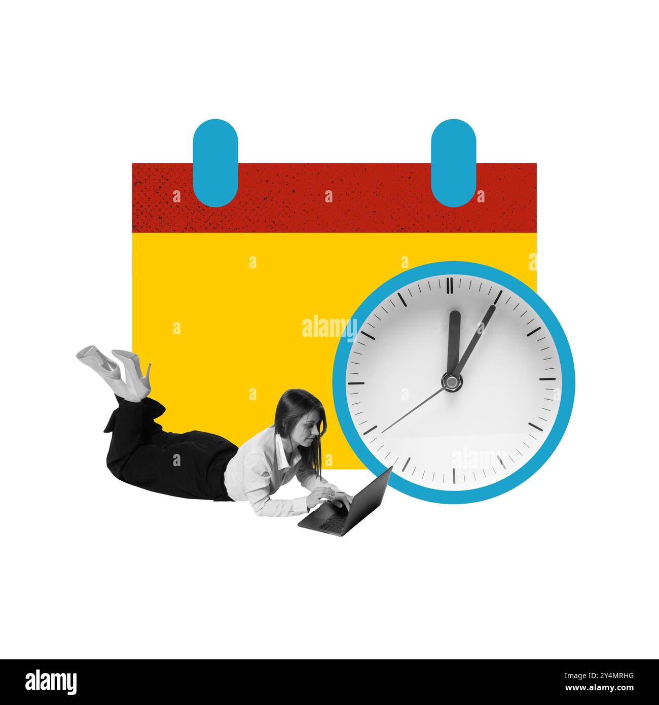 Woman working on laptop with large clock and calendar behind her, representing time management ...