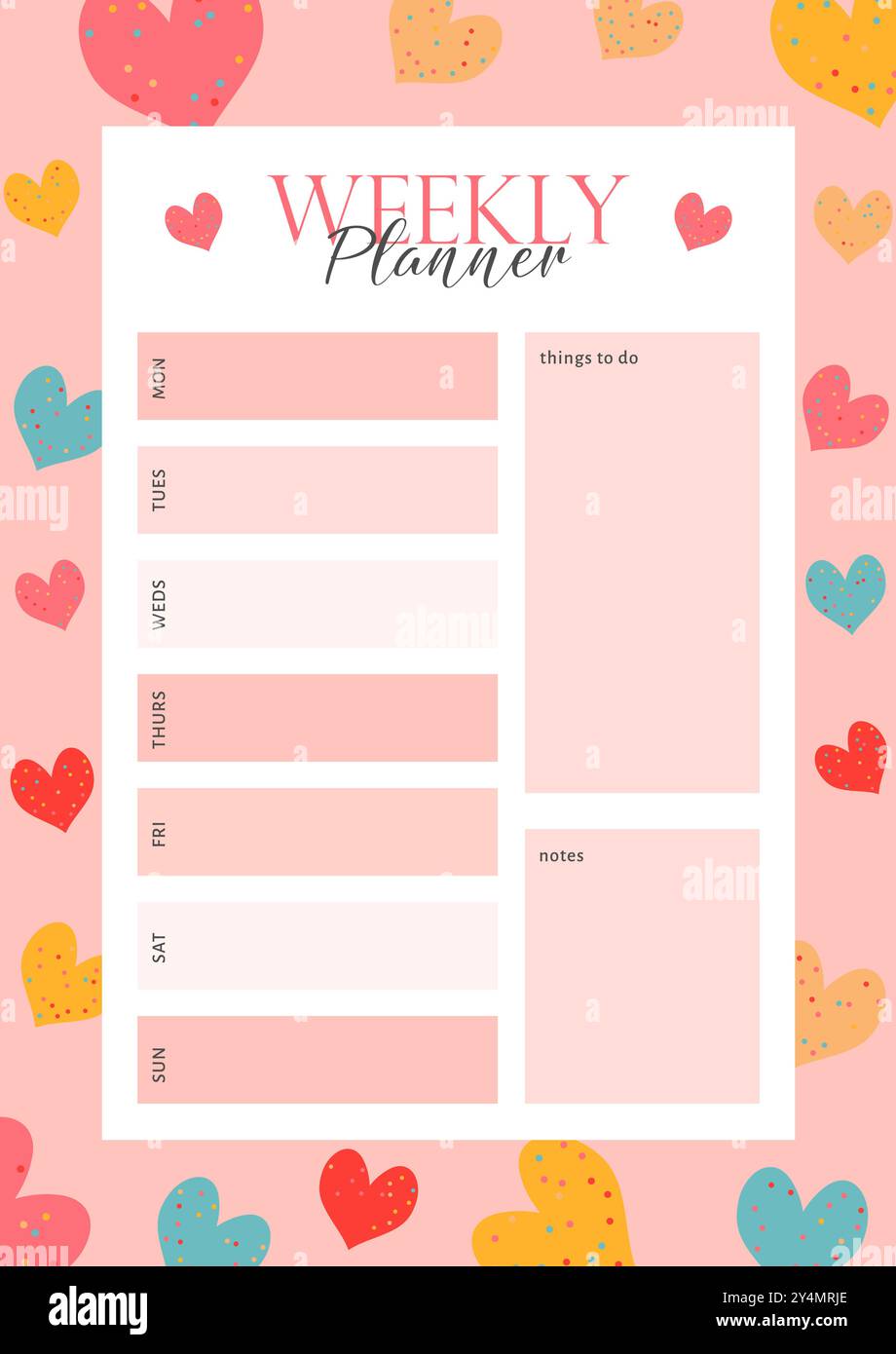 Decorative weekly planner with a cute hearts design Stock Vector Image ...
