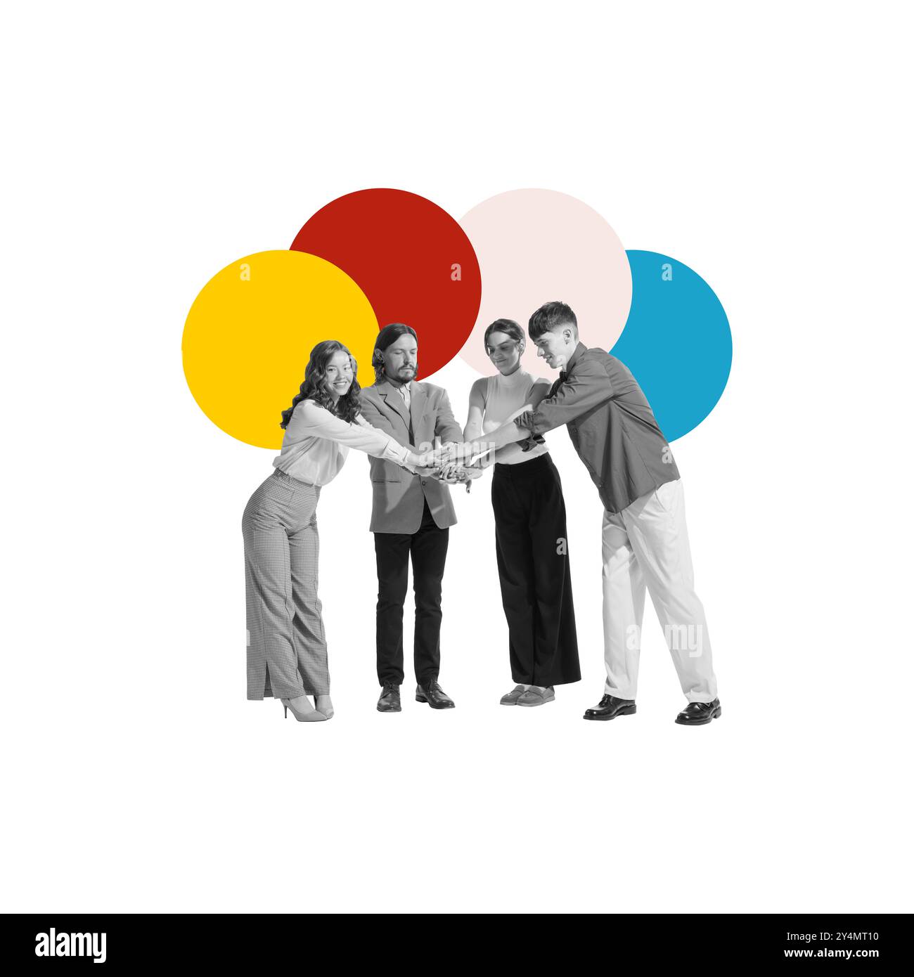 Four people stacking hands together in sign of teamwork and unity ...