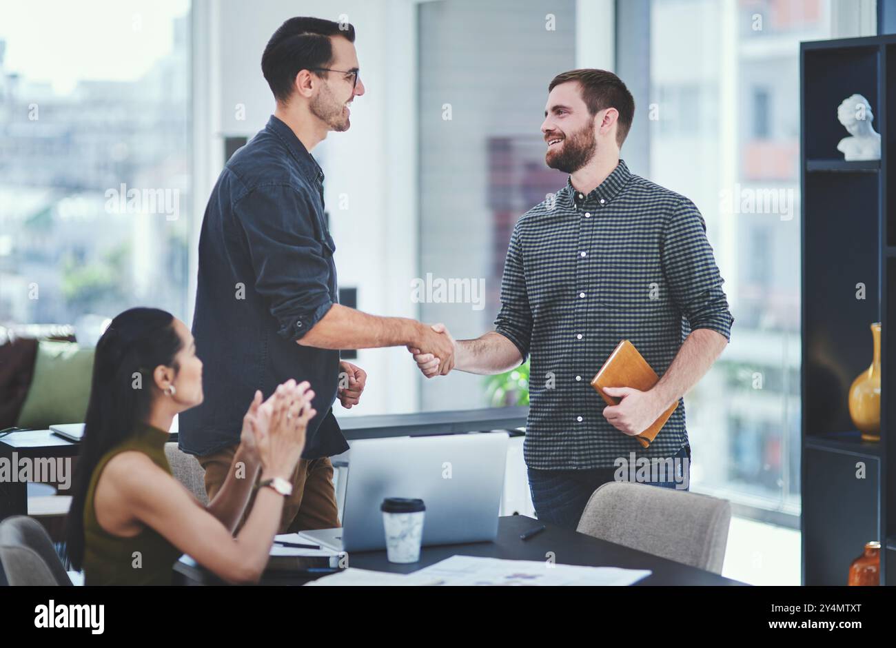 Handshake, meeting and smile in office, people and clapping for project ...