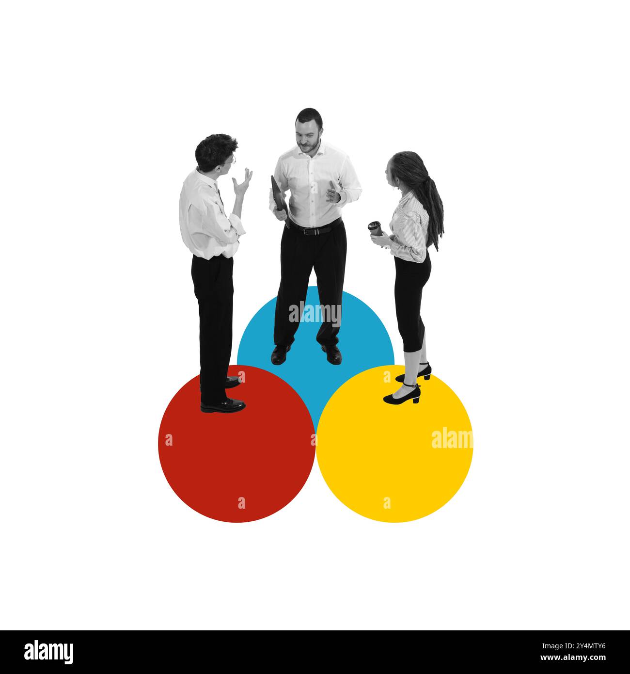 Group of people standing on colorful circles, engaging in discussion ...