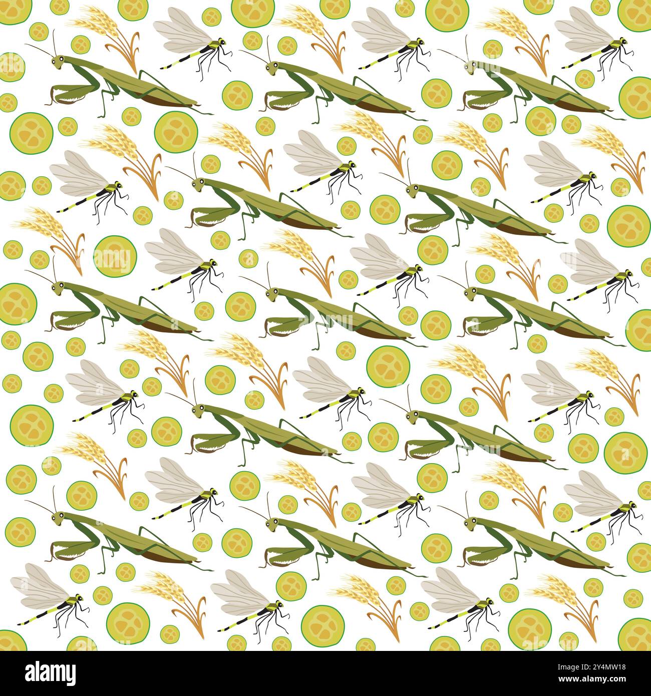 praying mantis, dragonfly with wheat and fruit as a pattern background ...