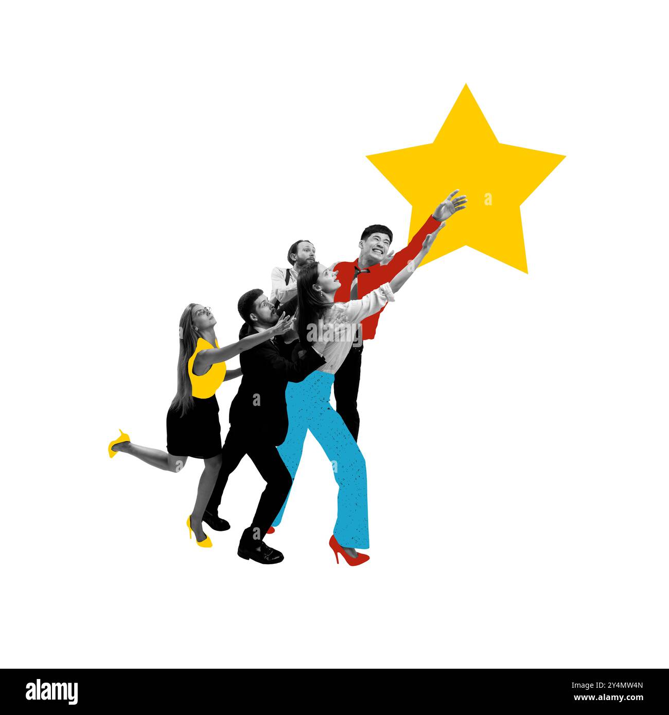 Group of employees trying to reach bright yellow star. Collaborative ...