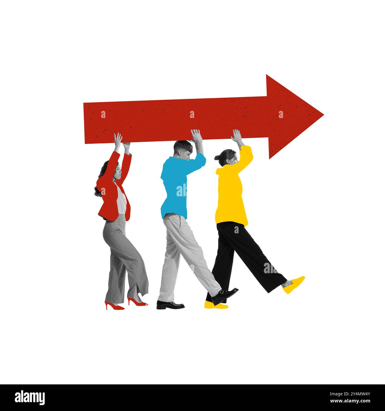 Three people carrying large red arrow together, moving forward ...