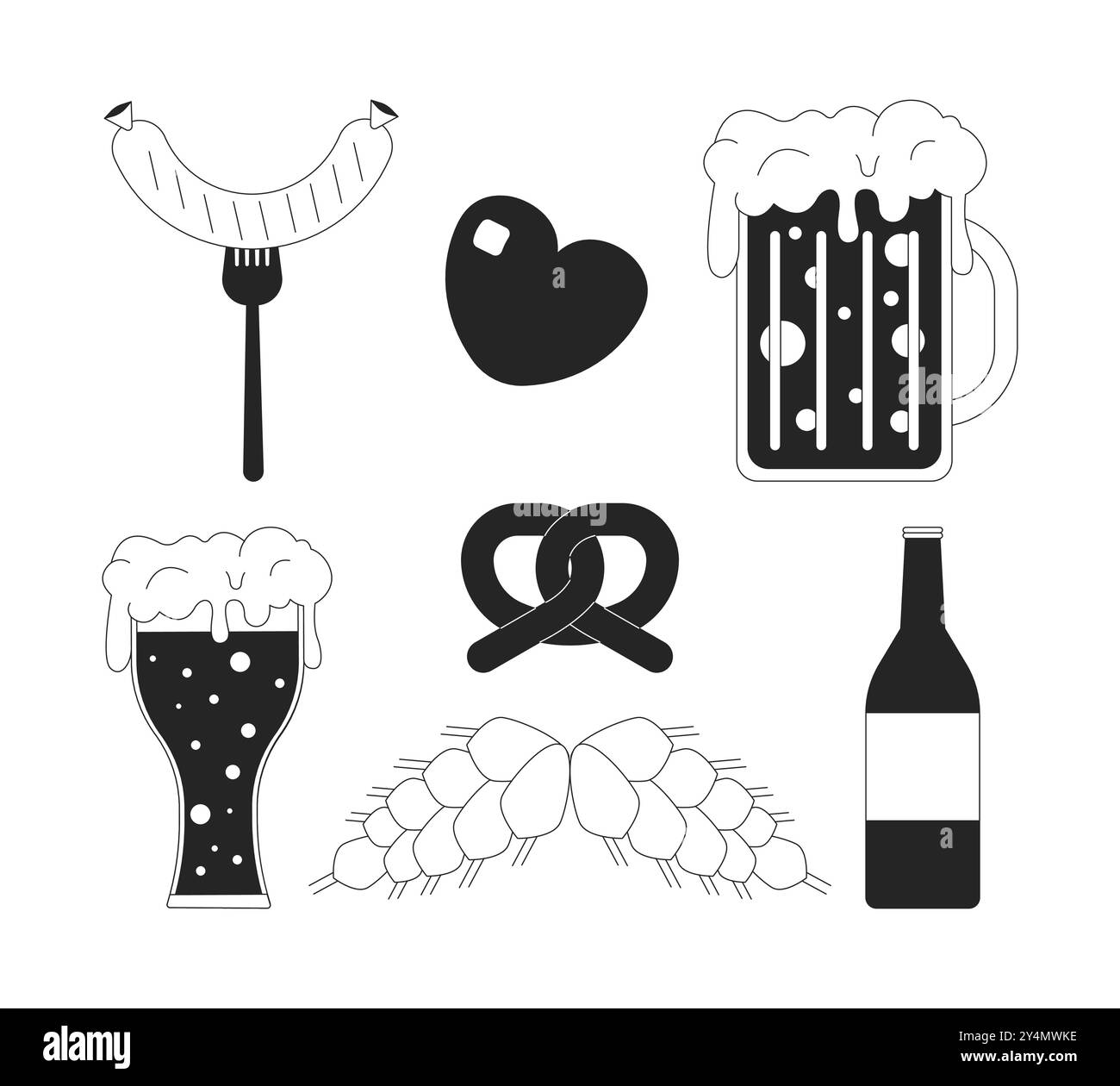 Fresh beer with snacks and ingredients black and white 2D line objects ...