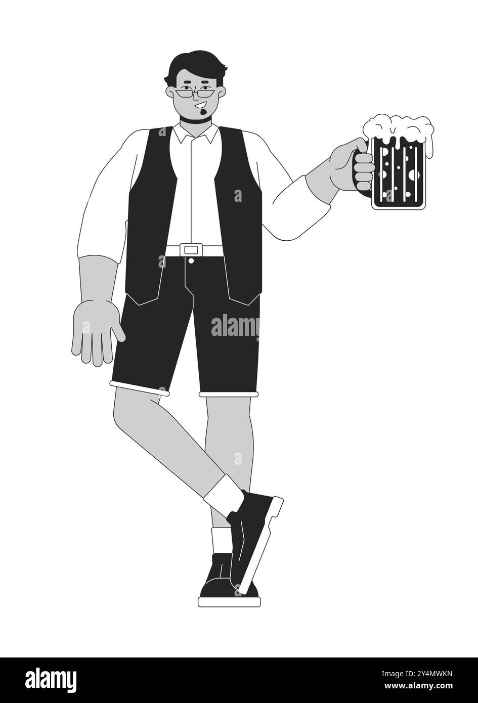 Positive arab male with beer mug black and white 2D line character ...
