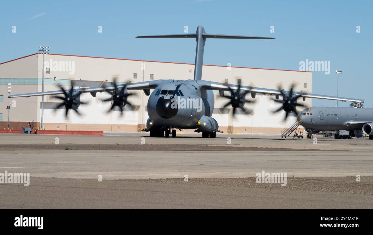 A Belgian air force Airbus A400M Atlas taxis on the flight line at ...
