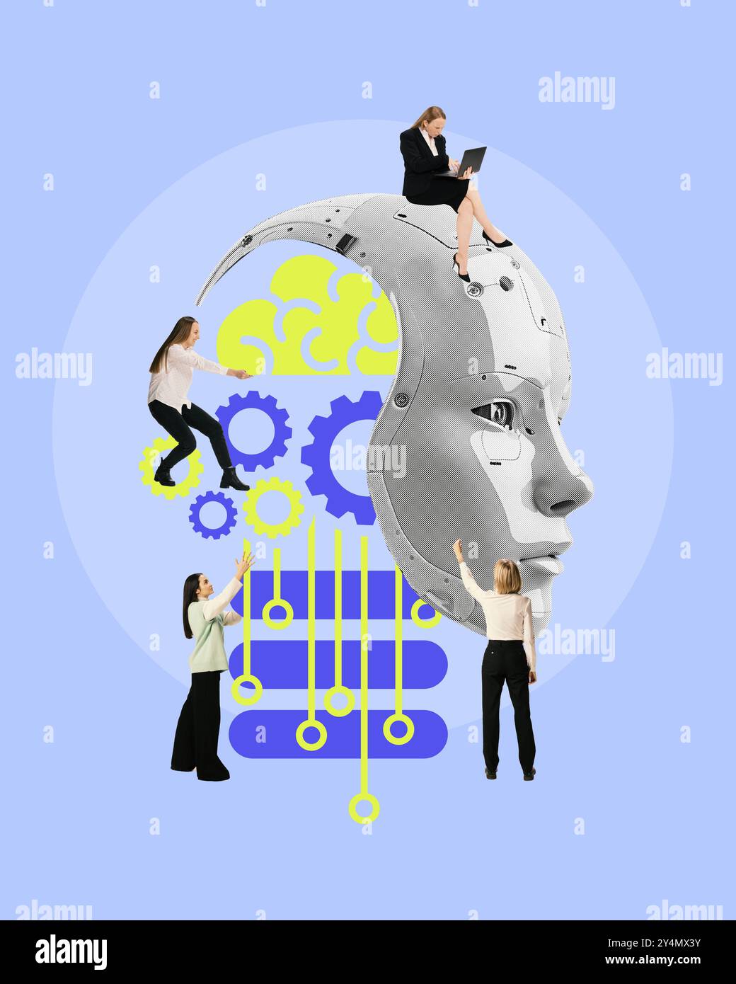 Contemporary art collage. Humans collaborating with AI-driven machine ...