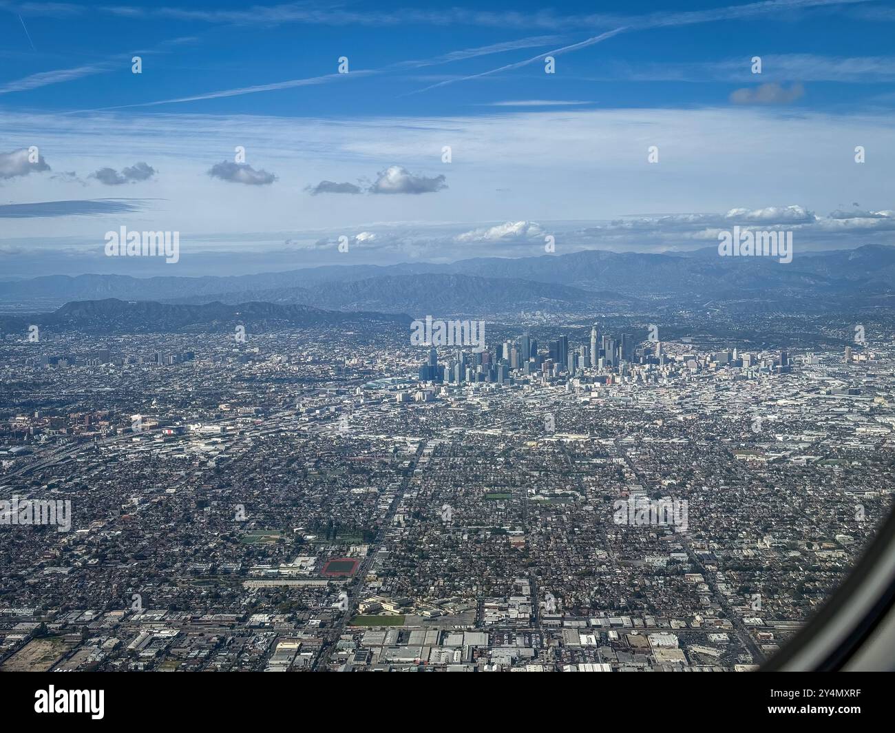 Aerial of downtown Los Angeles, California, USA seen through an ...