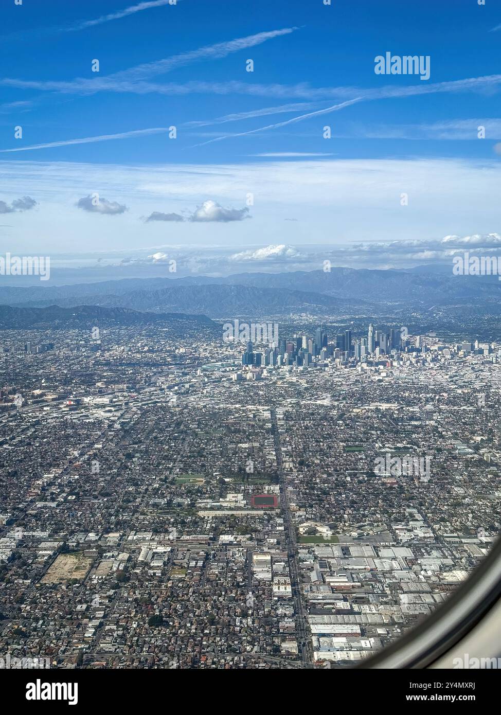 Aerial of downtown Los Angeles, California, USA seen through an ...