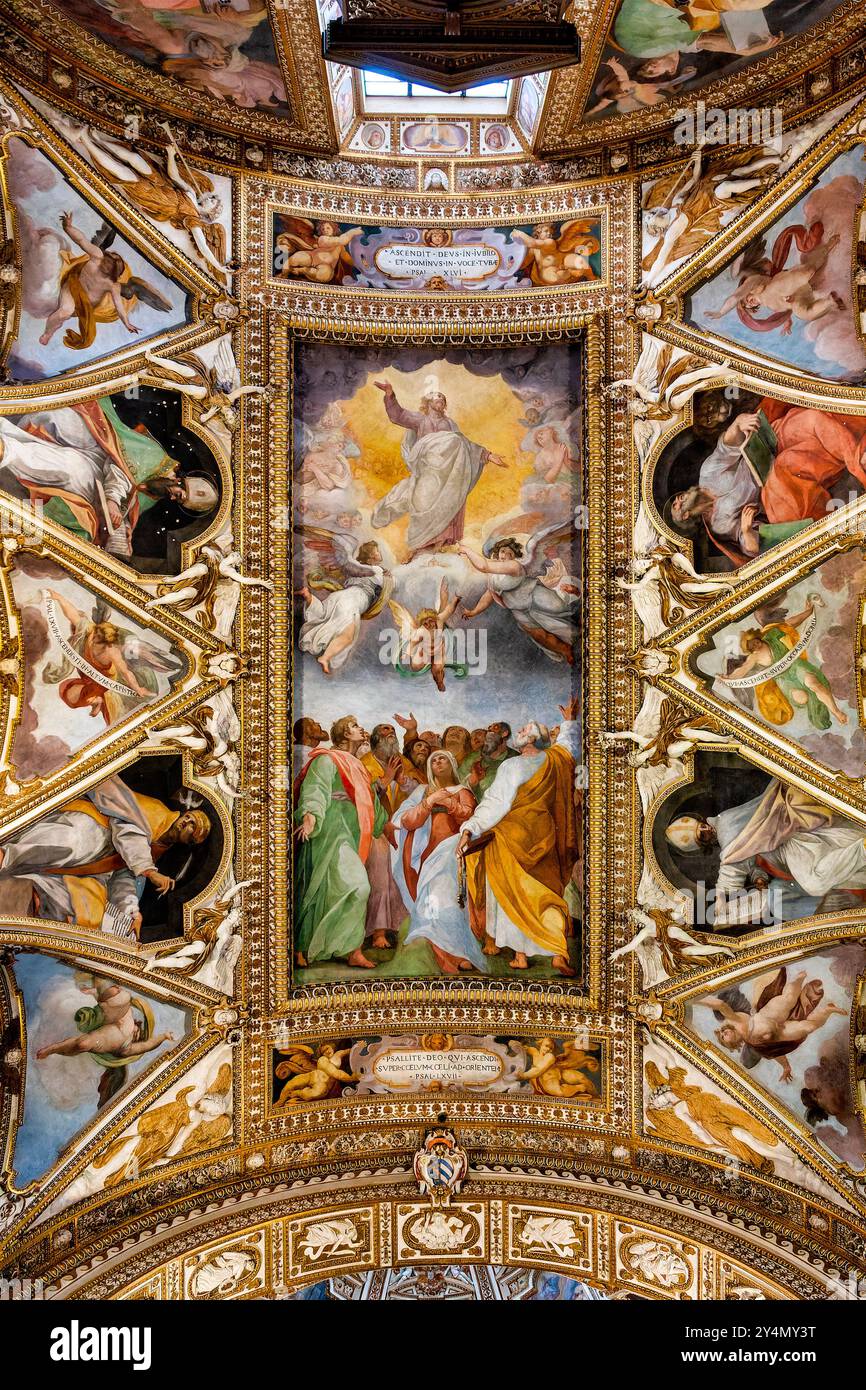 Baroque fresco of the Ascension of Christ, surrounded by angels and saints, on the ceiling of ...