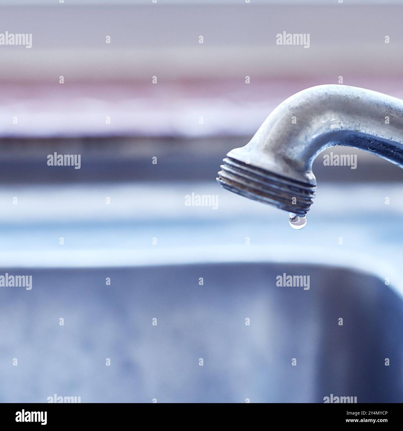 Empty faucet, water drops and drought in house for eco emergency ...