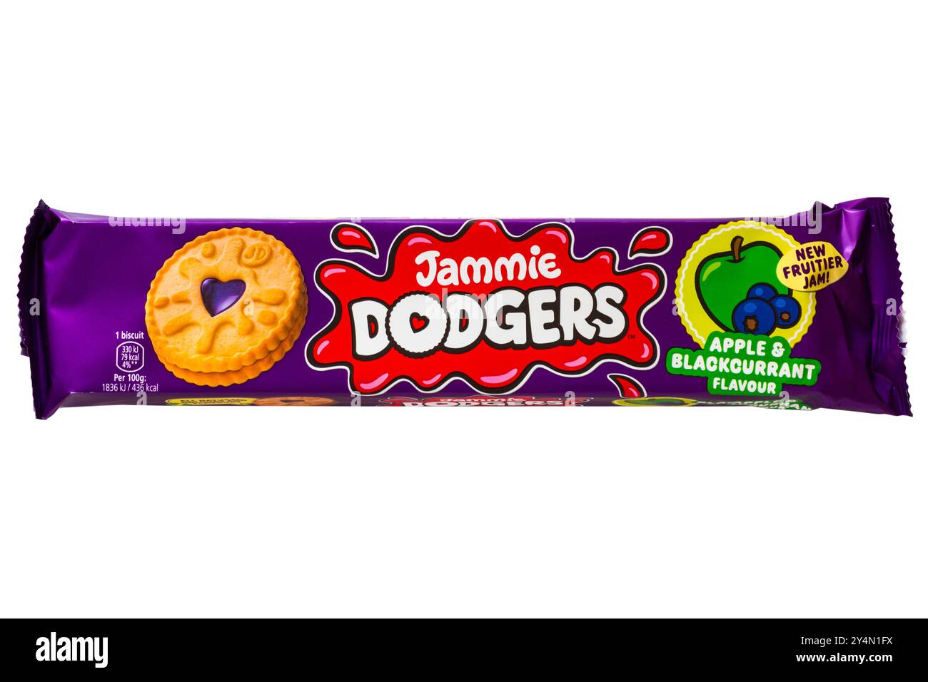Packet of Jammie Dodgers Apple & Blackcurrant flavour biscuits isolated ...