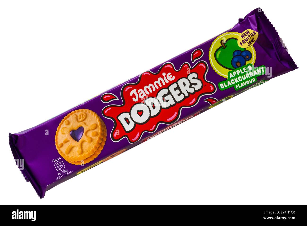 Packet of Jammie Dodgers Apple & Blackcurrant flavour biscuits isolated ...