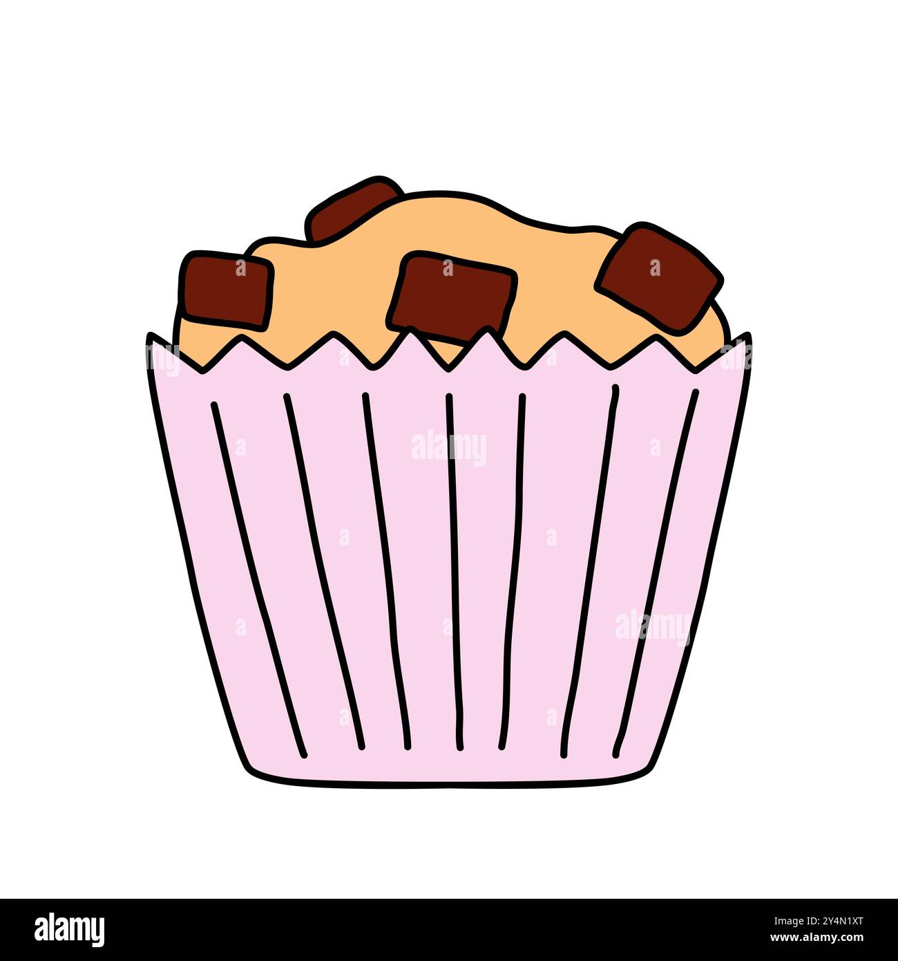 Homemade muffin with chocolate chips in a pink paper cup, baking design ...