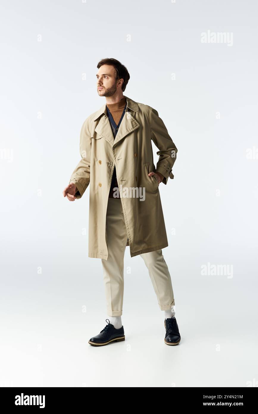 A handsome man dressed in a trendy trench coat strikes a stylish pose ...