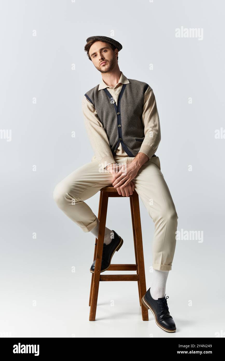 The stylish gentleman showcases his dapper attire while seated confidently on a stool Stock ...