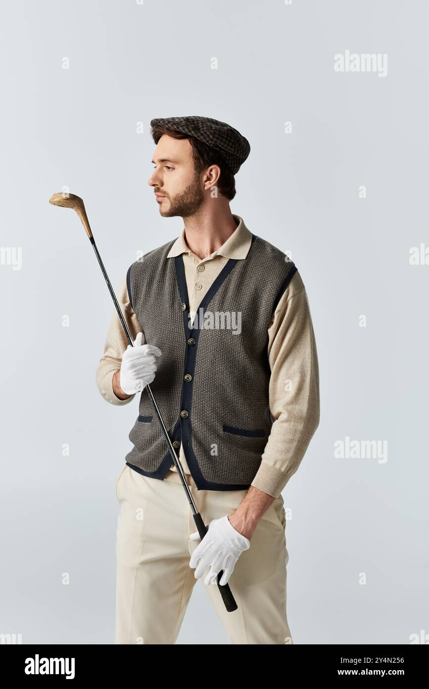 The well dressed individual stands gracefully holding a golf club ...